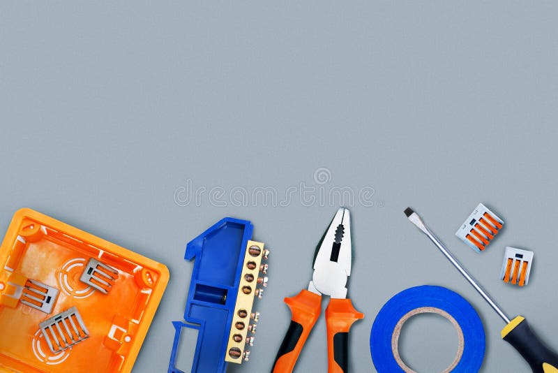 Different Electrical Tools, Equipment on Grey Surface with Place for ...