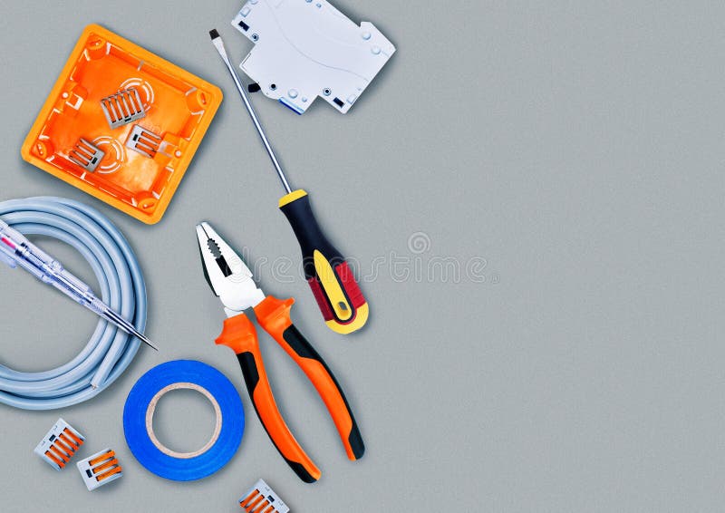 Different Electrical Tools and Equipment on Grey Background. T Stock ...