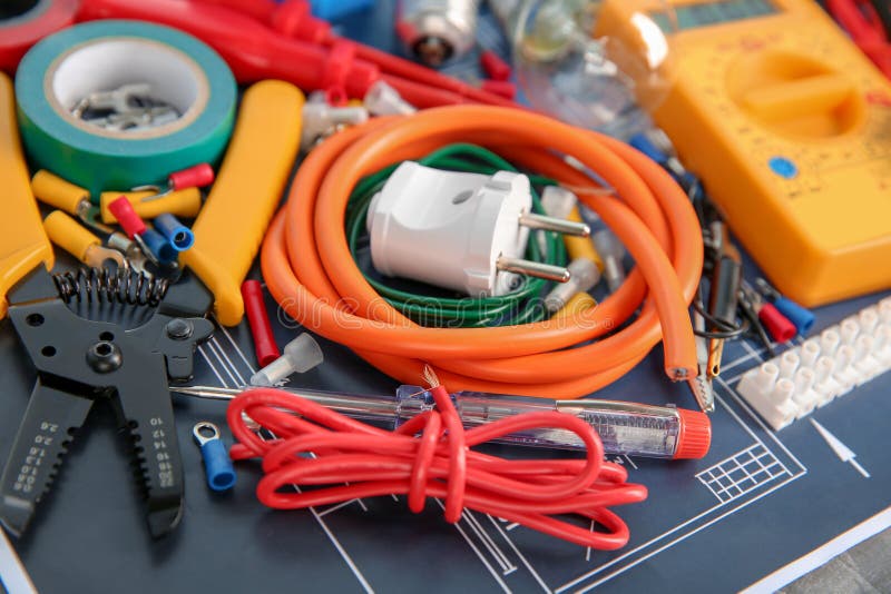 Different Electrical Tools on House Plan, Closeup Stock Image - Image ...