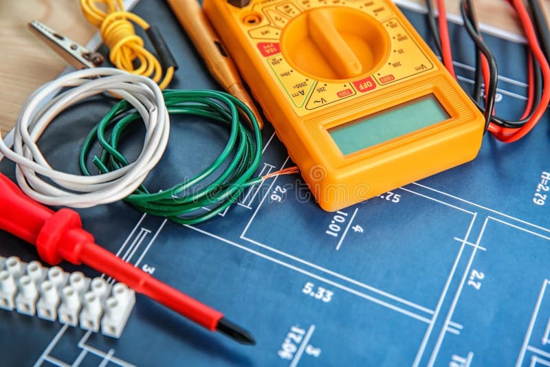 Different Electrical Tools on House Plan, Closeup Stock Image - Image ...
