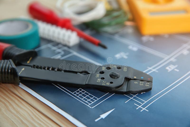 Different Electrical Tools on House Plan, Closeup Stock Image - Image ...