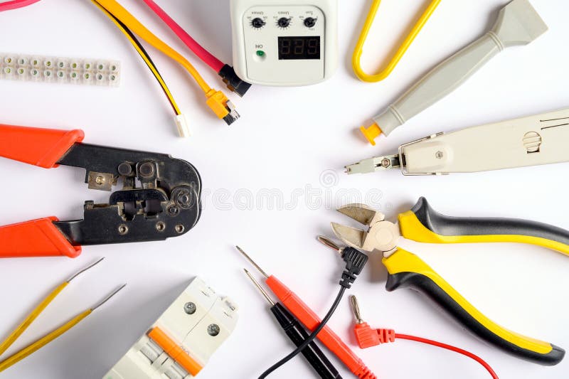 Different Electrical Tools on a White Background . Stock Image - Image ...