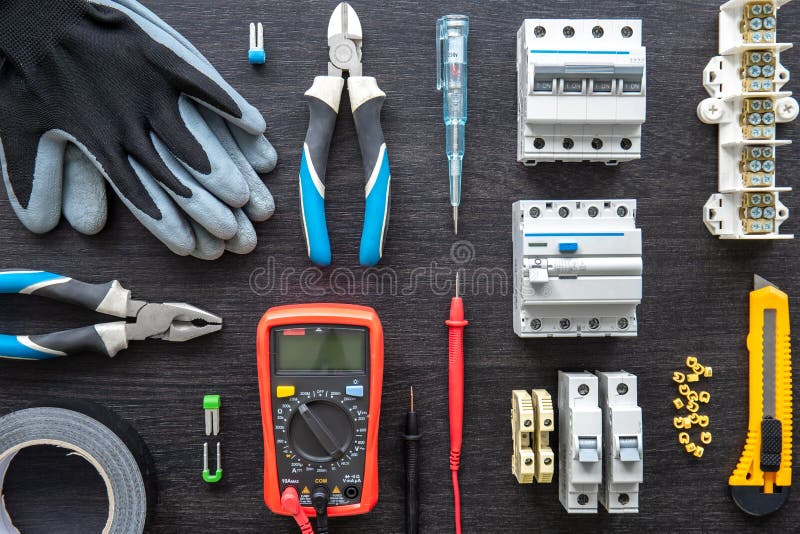 Different Electrical Tools on Wooden Background, Flat Lay. Stock Image ...