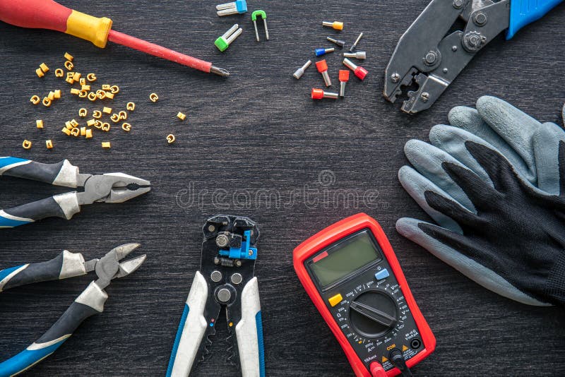 Different Electrical Tools on Wooden Background, Flat Lay. Stock Photo ...