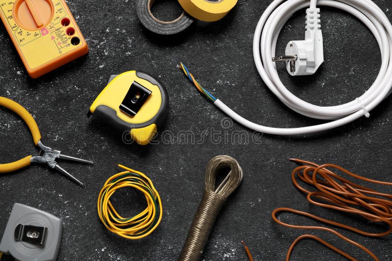 Different Wires and Electrical Tools on Light Grey Marble Table, Flat ...