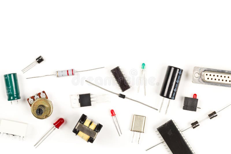 Different Electronic Parts or Components on White with Resistors ...