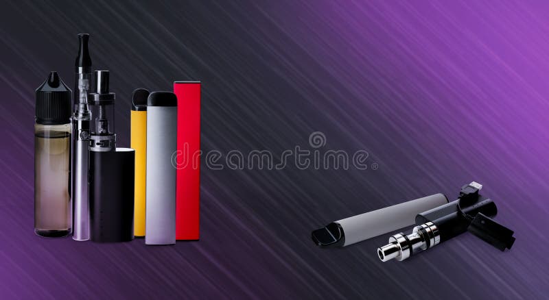 Different Electronic Smoking Devices on Color Background. Banner Design ...