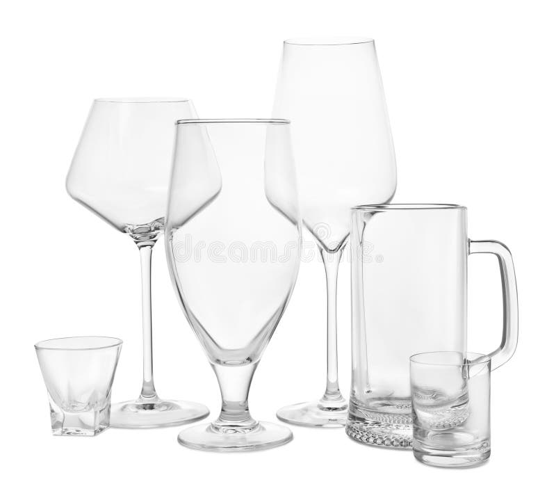 Different Elegant Empty Glasses Isolated on White Stock Photo - Image ...