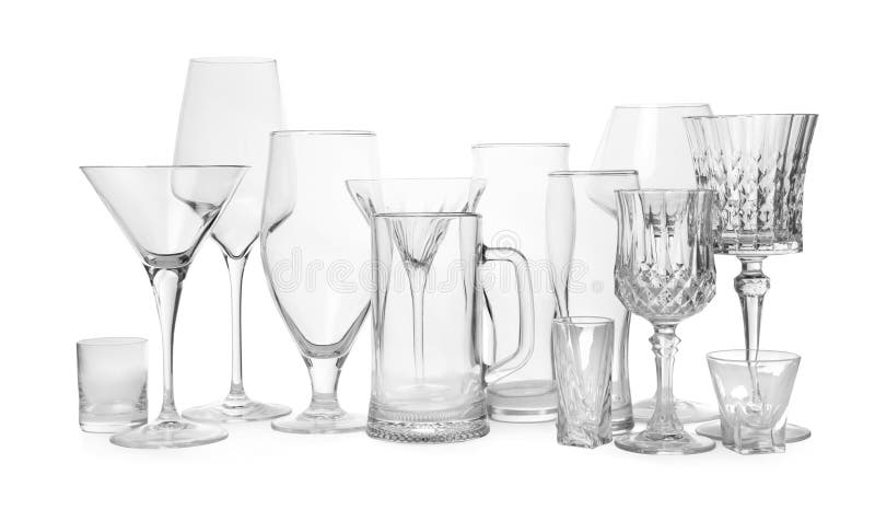 Different Elegant Empty Glasses Isolated on White Stock Image - Image ...