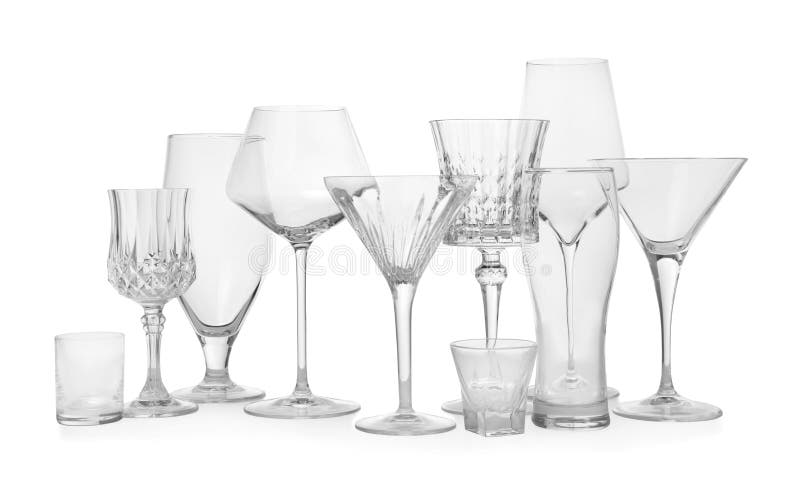 Different Elegant Empty Glasses Isolated on White Stock Image - Image ...