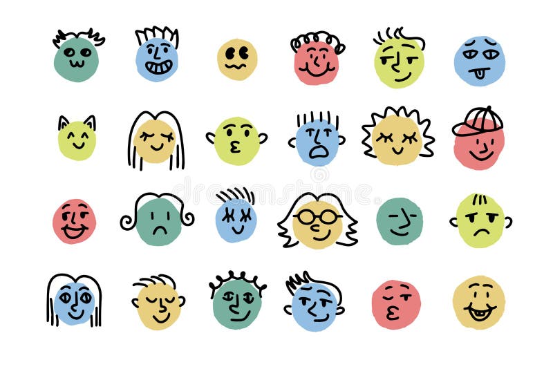 Different Emotions and Moods. Drawing Simple Round Faces Hand Drawn ...