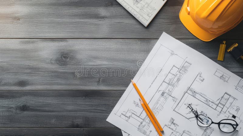 Different Engineering Drawings, Hard Hat, Pencil, Glasses and Divider ...