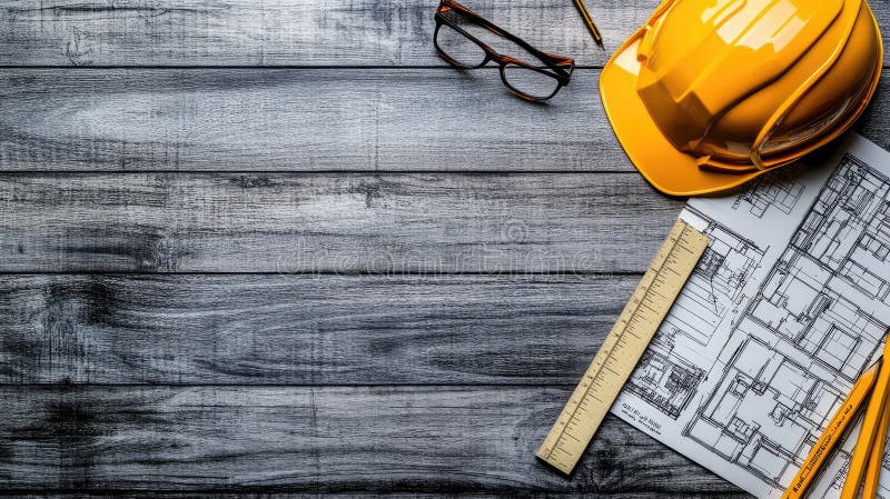 Different Engineering Drawings, Hard Hat, Pencil, Glasses and Divider ...