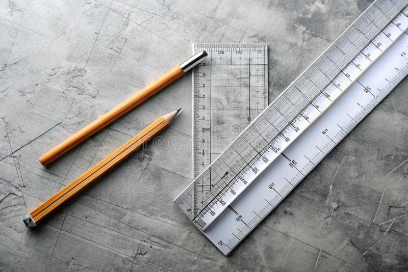 Different Engineering Drawings, Ruler, and Pencil on Grey Textured ...