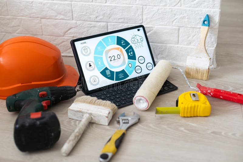 Different Equipment Tools of Builder and Tablet Pc on Wooden Texture. Stock Photo - Image of ...