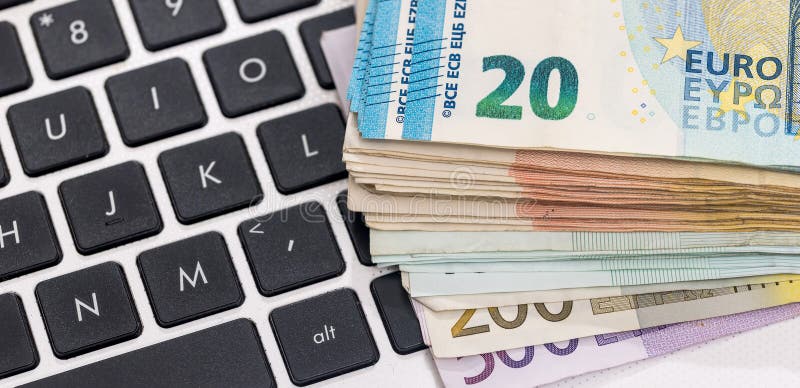 Different Euro Paper Notes on Keyboard Computer Stock Image - Image of ...