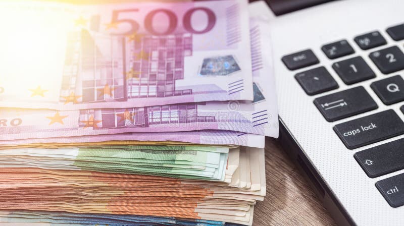 Different Euro Paper Notes on Keyboard Computer Stock Photo - Image of ...