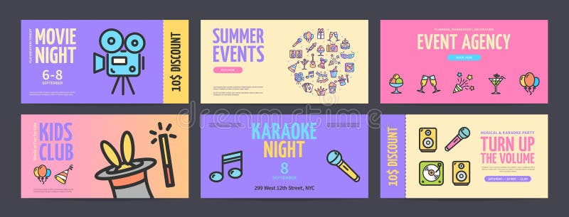 Different Events Horizontal Gift Voucher Poster Banner Card Set. Vector ...