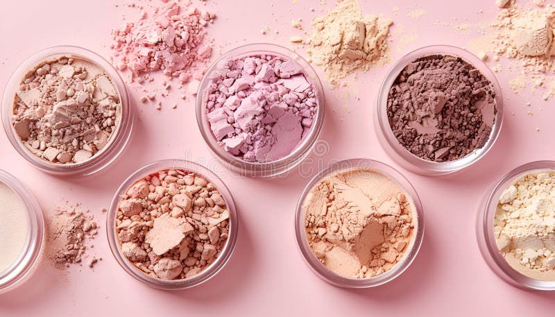 Different Face Powders on Pink Background, Closeup Stock Image - Image ...
