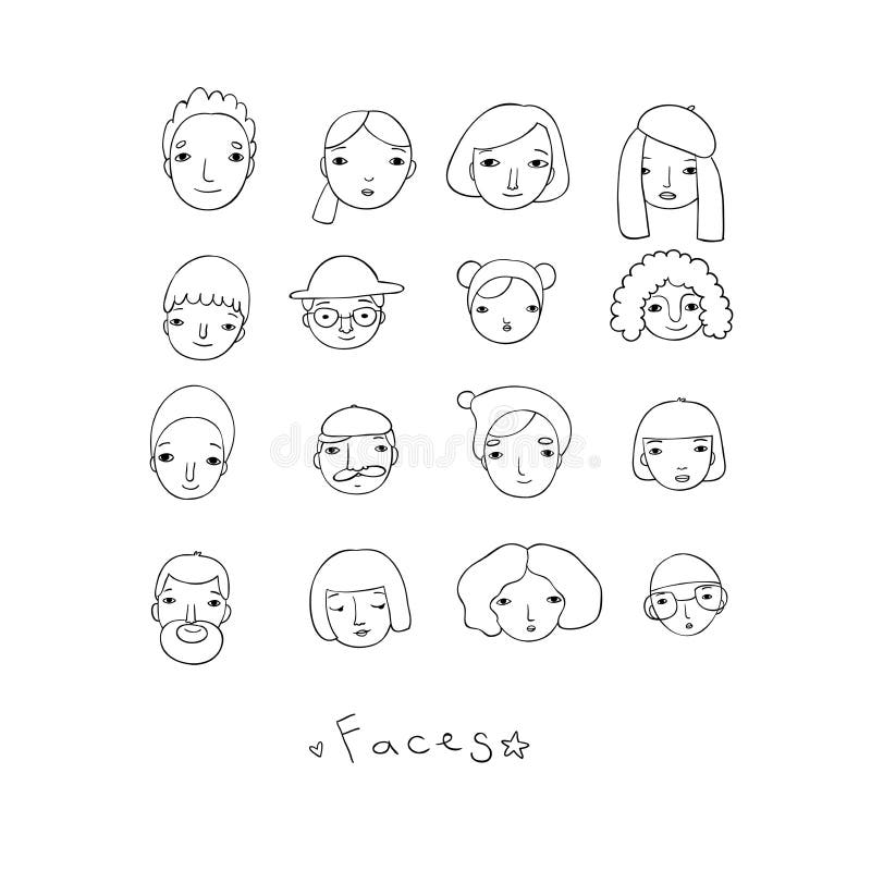 Different Faces. Hand Drawing Isolated Objects on White Background ...