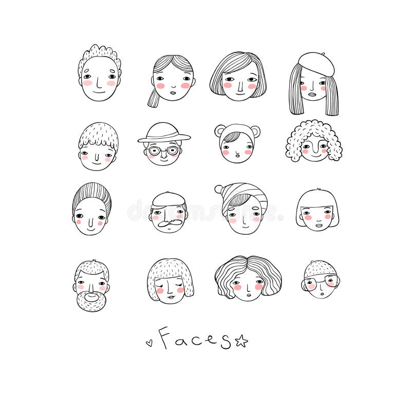 Different Faces. Hand Drawing Isolated Objects on White Background ...