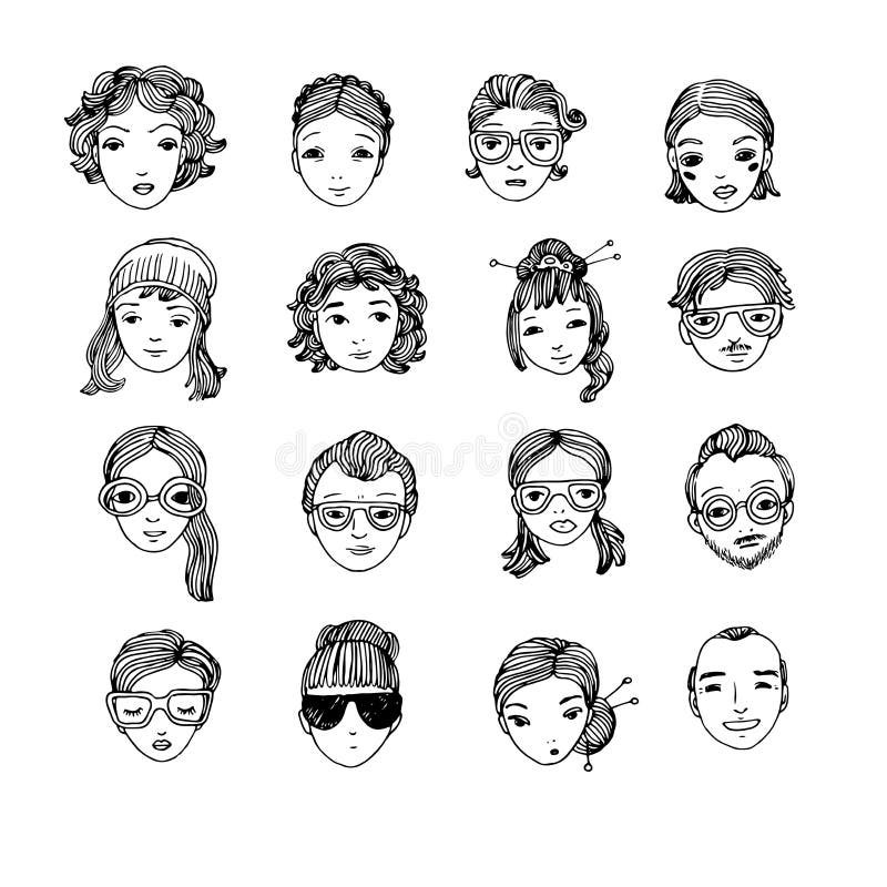Different Faces. Hand Drawing Isolated Objects on White Background ...