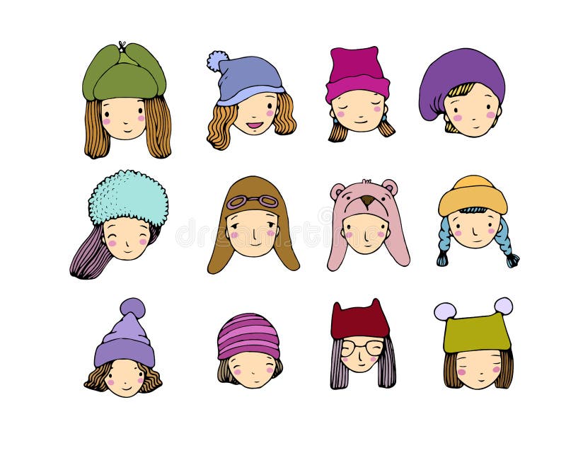 Different Faces. People in Winter Hats. Hand Drawing Isolated Objects ...