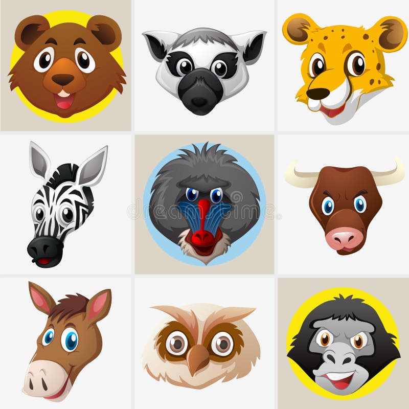 Different Faces Of Wild Animals Stock Vector - Illustration of cute ...