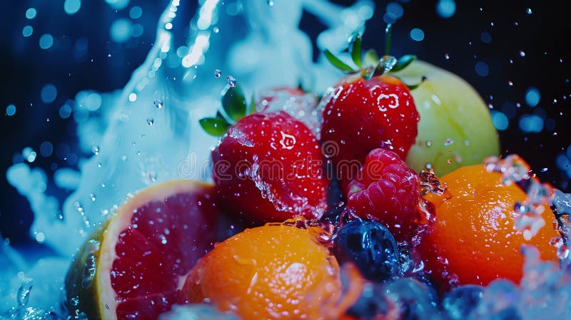 Different Falling Fruits and Splashing Water on Black Background Stock ...
