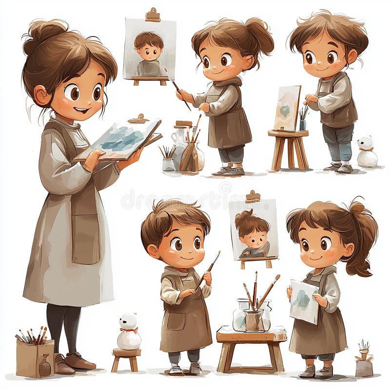Different Family Art Illustrations Featuring Children Engaged in ...