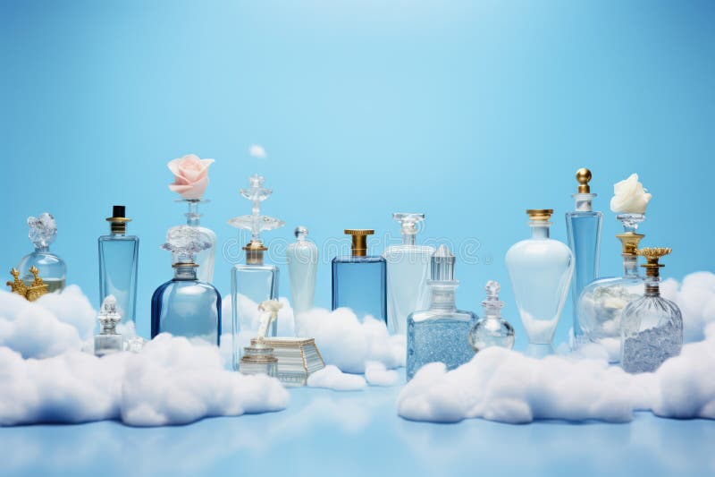 Different Fancy Glass Perfume Bottles in Blue Sky Clouds, Generative AI ...