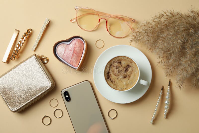 Different Female Accessories on Beige Background, Top View Stock Photo ...
