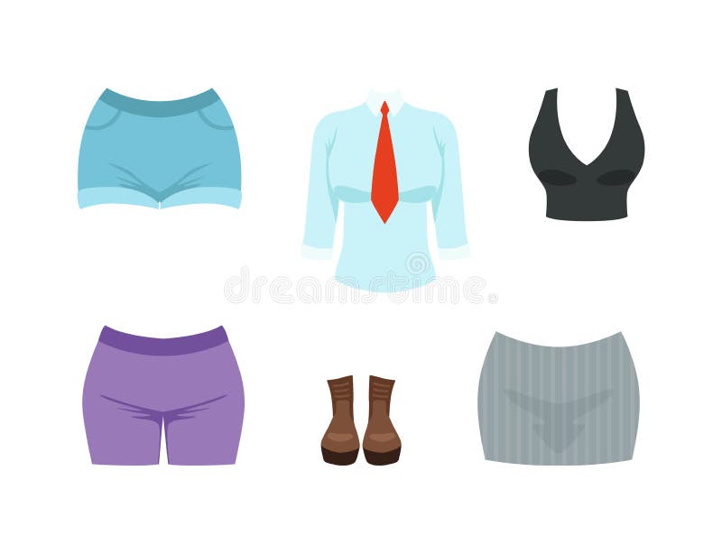 Different Female Clothes And Attire With Shorts Blouse And Shoes