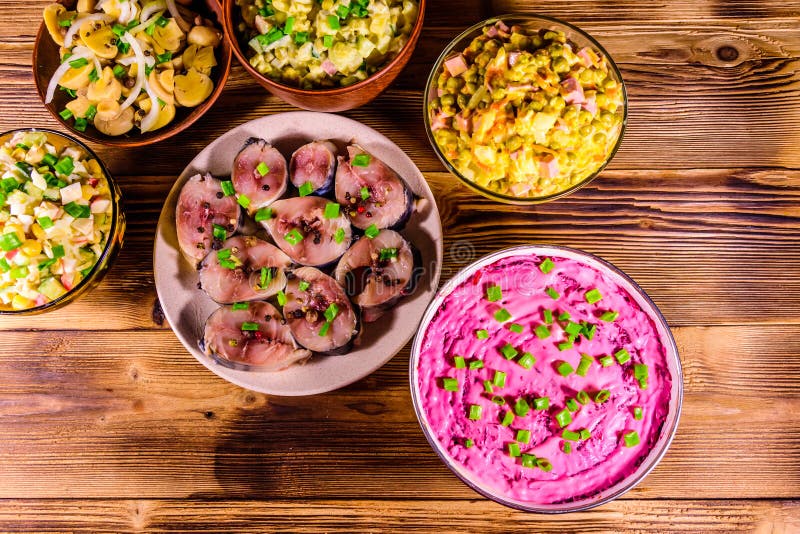Different Festive Dishes on a Wooden Table. Top View Stock Photo ...