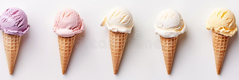Different Flavored Ice Cream Cones Lined Up on White Background Banner ...