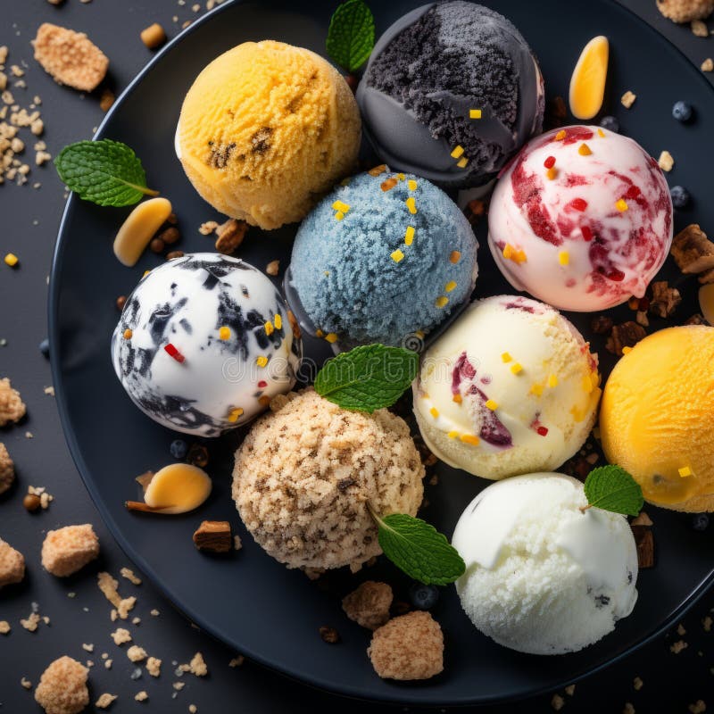 Different Flavors of Ice Cream on a Black Plate Stock Illustration ...