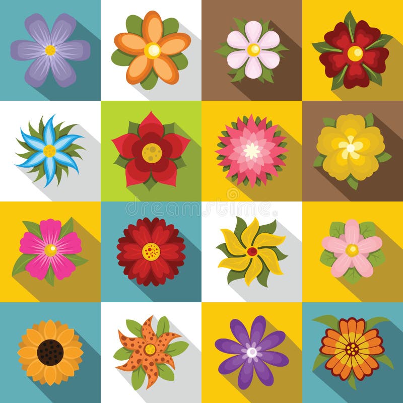 Different Flowers Icons Set, Flat Style Stock Vector - Illustration of ...