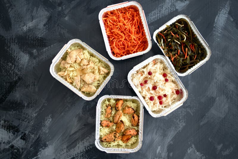 Different Foil Containers with Delicious Food Stock Image - Image of ...