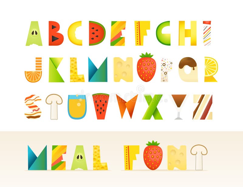 Different Food Colorful Creative Alphabet Stock Vector - Illustration ...