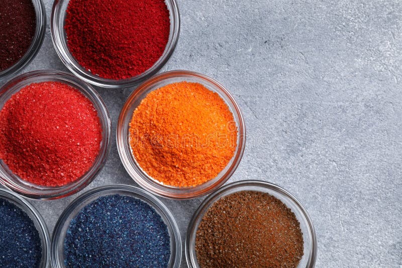 Different Food Coloring on Light Grey Table, Flat Lay. Space for Text ...