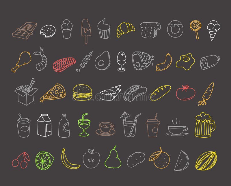 Different Food Doodles. Lineart Hand-drawn Elements Stock Vector ...
