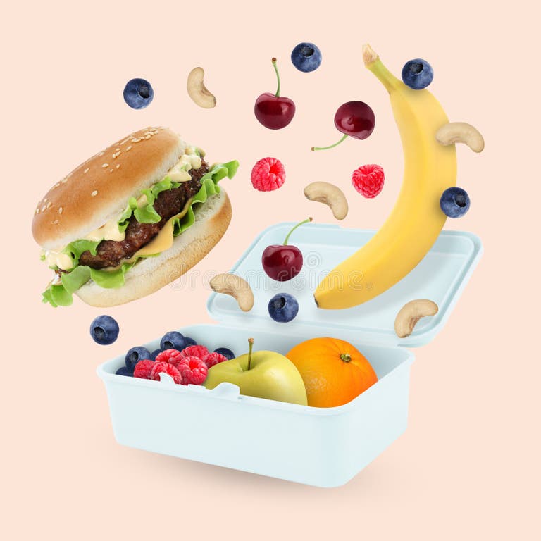 Different Food Falling into Lunch Box on Beige Background Stock Image ...