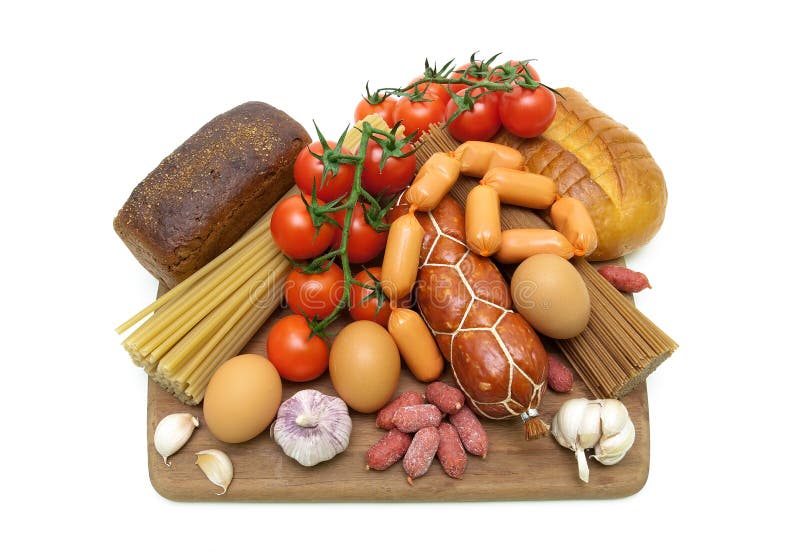 Different Foods on a Cutting Board on a White Background Stock Photo ...