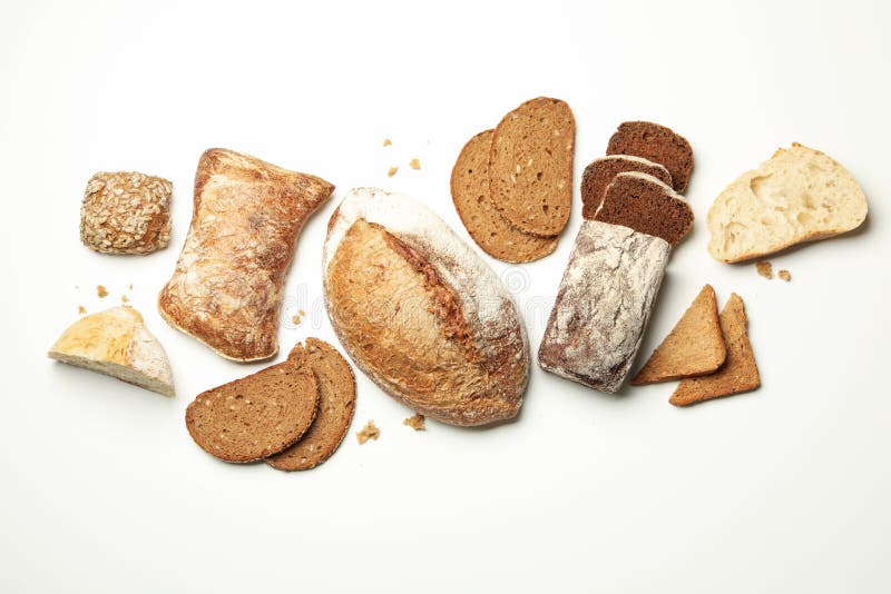 Different Fresh Baked Bread on White Background Stock Photo - Image of ...