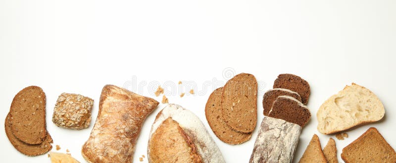 Different Fresh Baked Bread on White Background Stock Photo - Image of ...