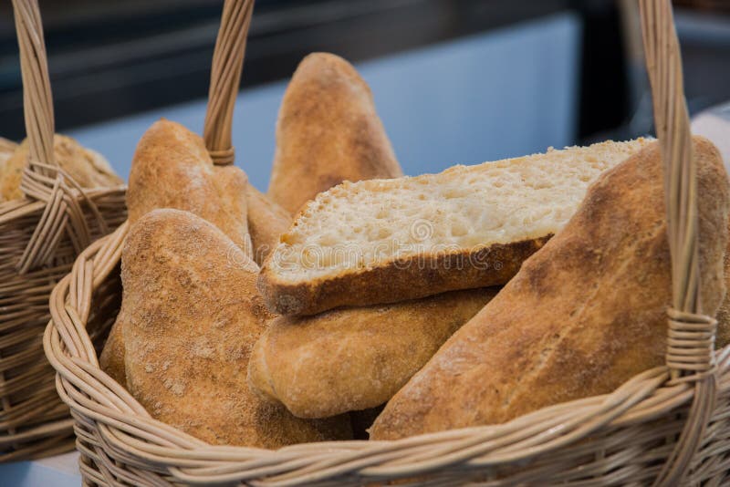 Different Fresh Bread in the Basket in the Bakery. Selective Focus ...