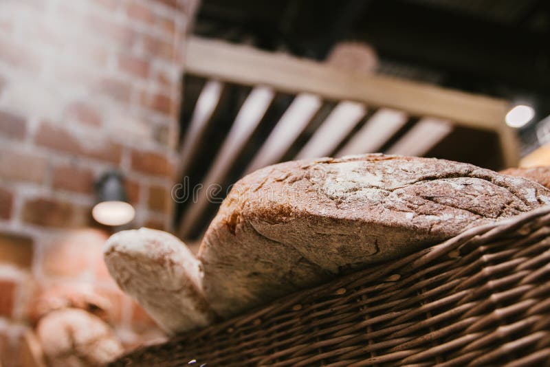 Different Fresh Bread on the Shelves in Bakery. Selective Focus Stock ...
