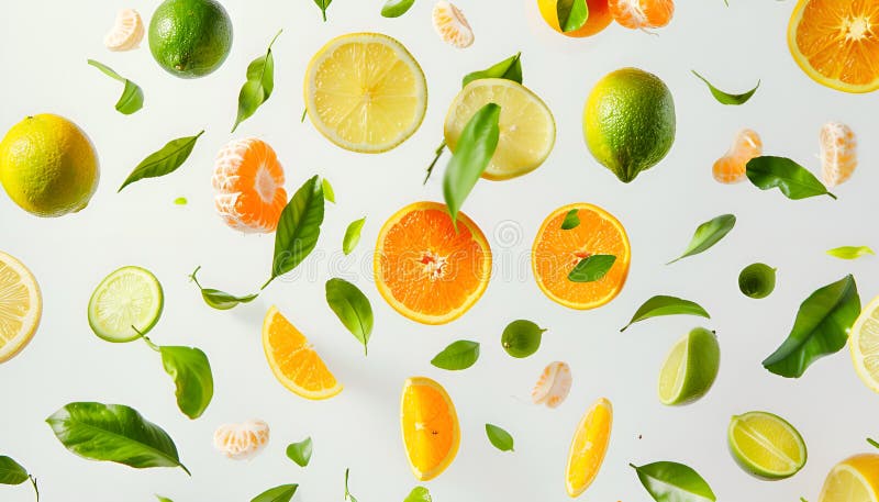 Different Fresh Citrus Fruits and Leaves Falling on White Stock ...