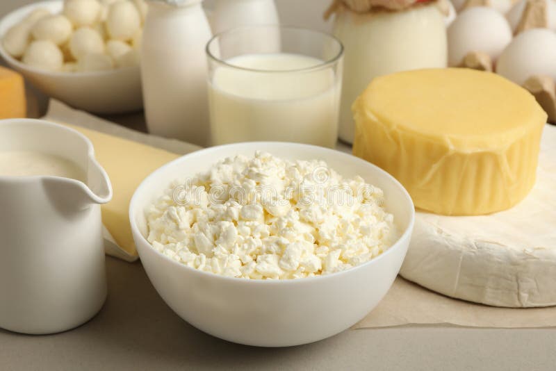 Different Fresh Dairy Products on Gray Background, Close Up Stock Image ...