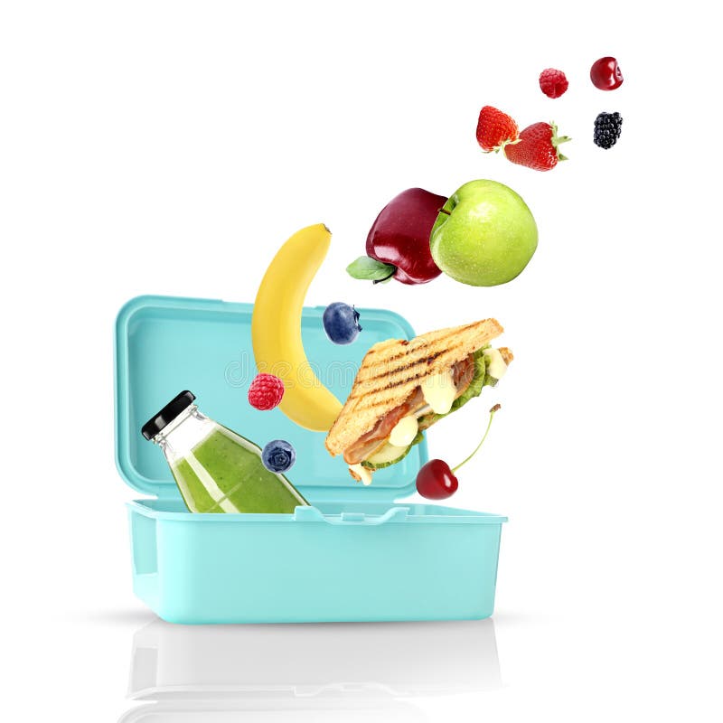 Different Fresh Food Falling into Lunch Box on Light Background. School ...
